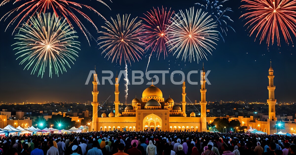 Islamic spiritual atmosphere, colorful fireworks and fireworks at night ...