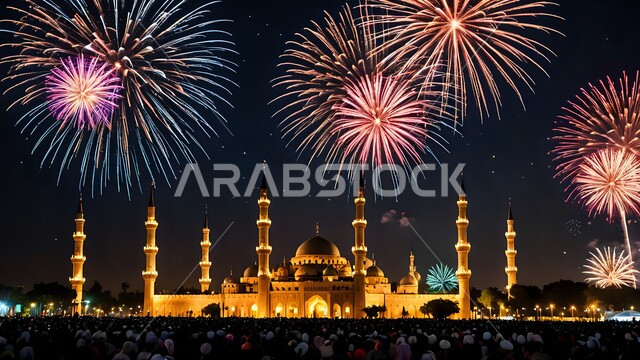 Islamic spiritual atmosphere, colorful fireworks and fireworks at night ...