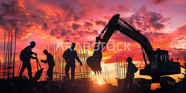 Concept of structural and architectural engineering, group of workers ...