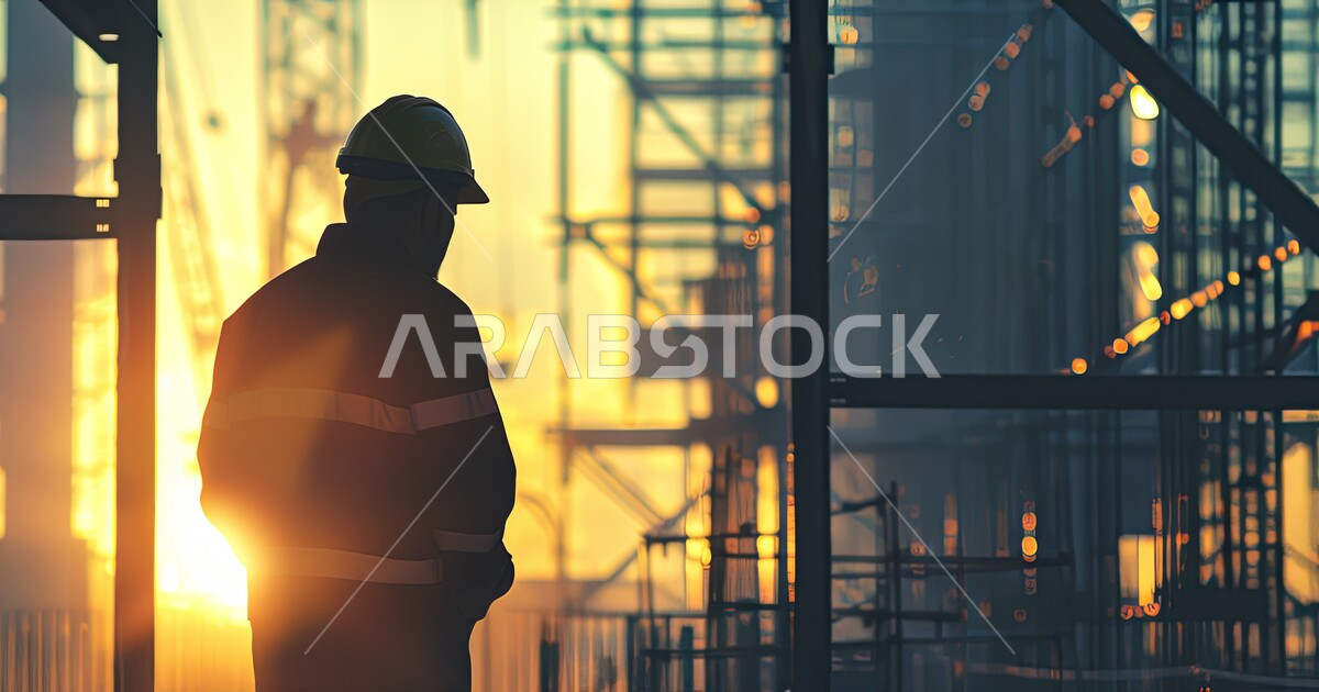 Heavy machinery and equipment, cranes and high scaffolding, silhouette ...