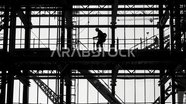 Heavy machinery and equipment, cranes and high scaffolding, silhouette ...