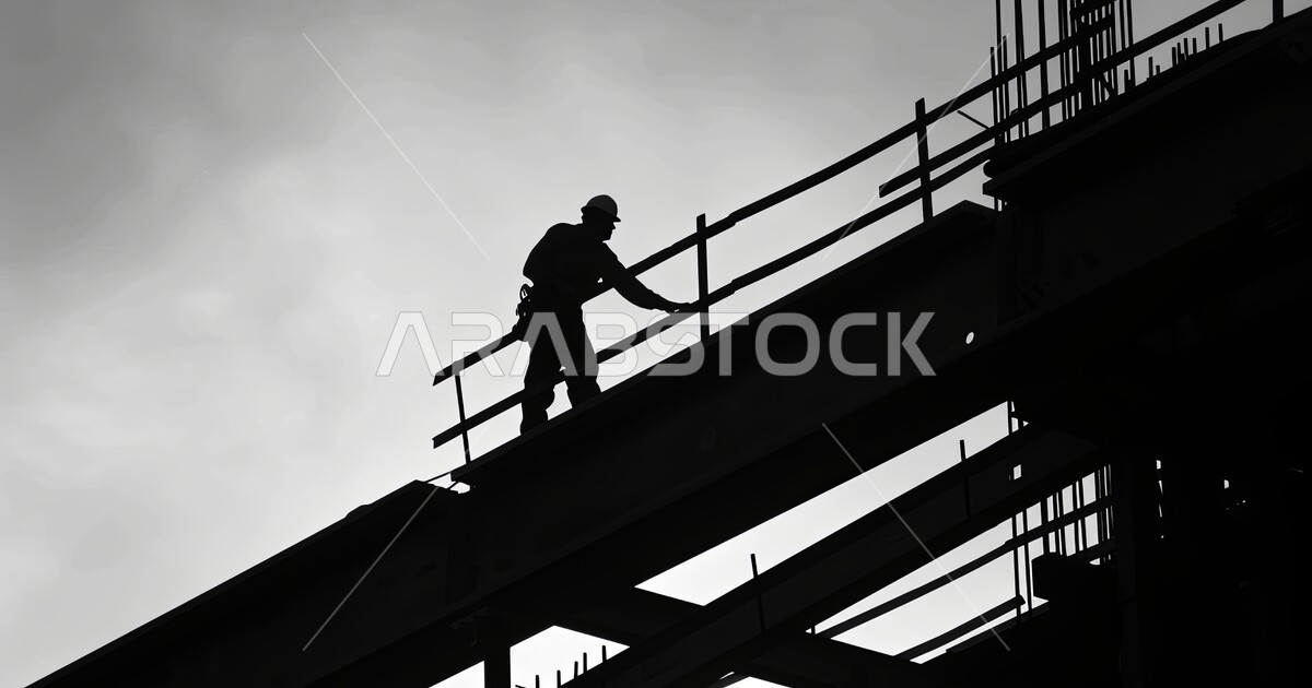 Heavy machinery and equipment, cranes and high scaffolding, silhouette ...