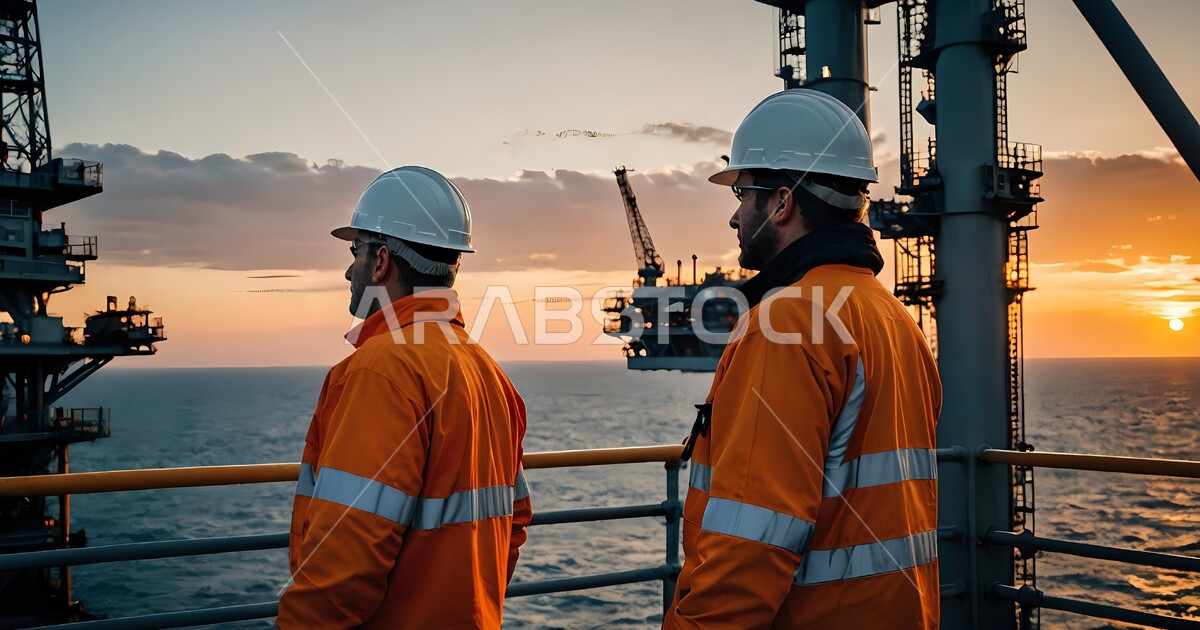 Working in the field of petroleum engineering, close-up from the back of two Gulf engineers ...