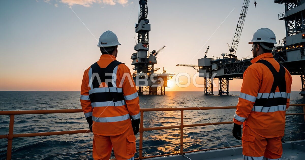 Working in the field of petroleum engineering, close-up from the back ...