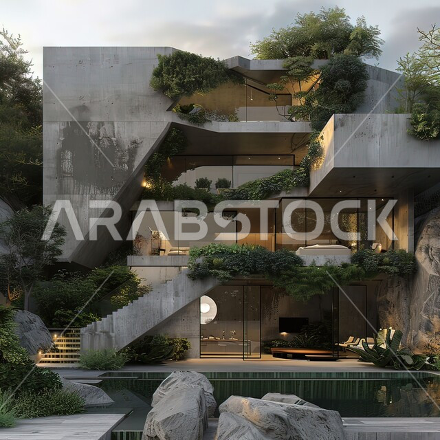 Architectural engineering art with huge glass facades, distinctive modern exterior decorations ...