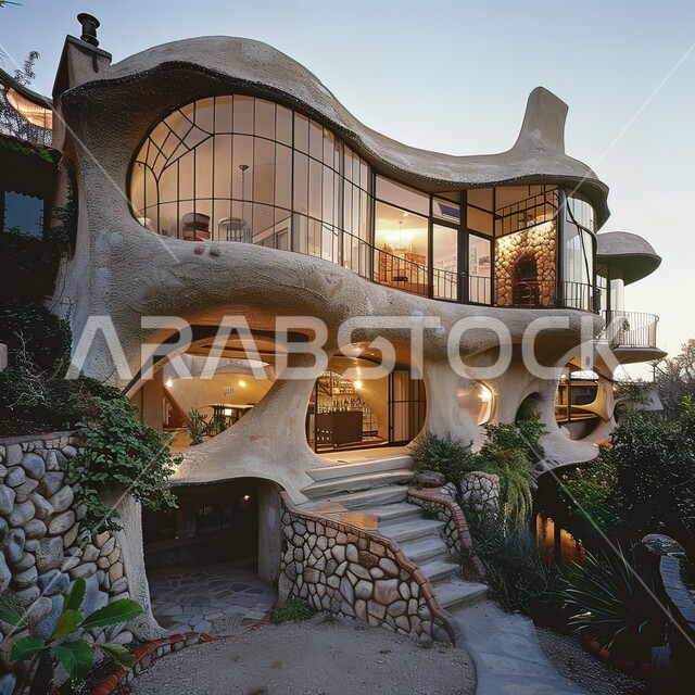 Architectural engineering art with huge glass facades, distinctive modern exterior decorations ...