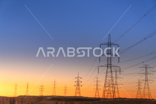 High-voltage power lines in Yanbu Industrial City in the Kingdom of ...