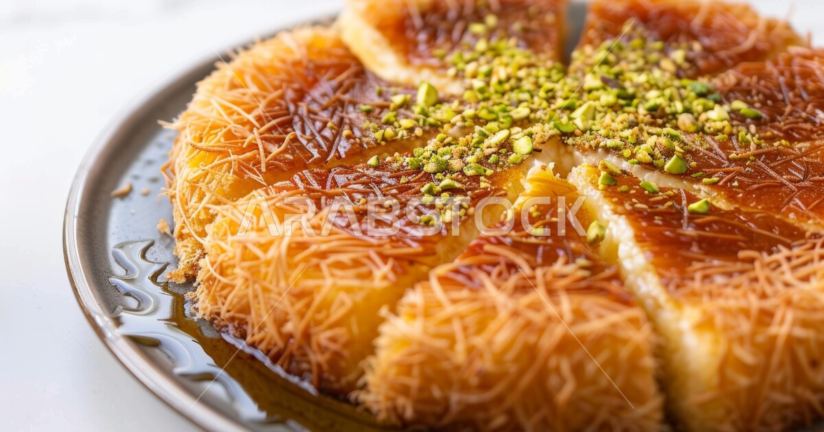 A plate of Kunafa dessert stuffed with cream and decorated with ...