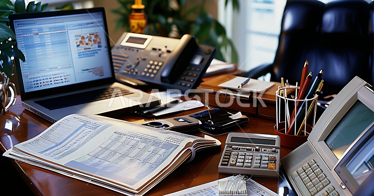 Wooden work table equipped with office supplies, working on a laptop ...