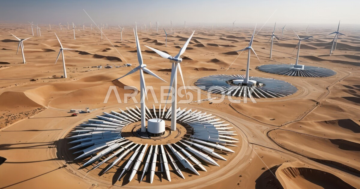 Wind turbine fields and windmills in the middle of desert lands and ...