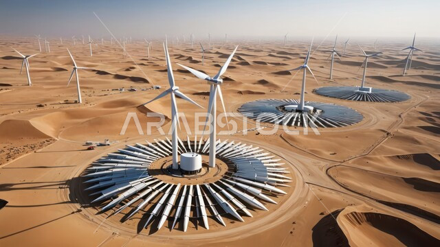 حقول توربينات الرياح وطواحين الهواء وسط الأراضي الصحراوية و الكثبان ...