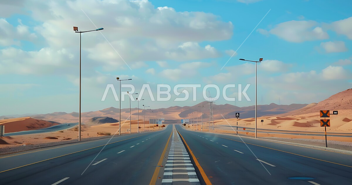 Traffic movement of cars on a desert road in the Kingdom, the ...