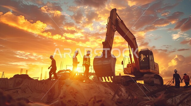 Excavator lifting and filling rubble at sunset, silhouette of Saudi ...
