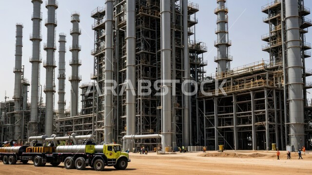 Large industrial facility with tall towers and pipes in a desert area ...