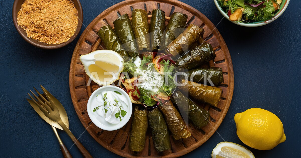 Cold appetizers and appetizers, close-up of stuffed grape leaves with ...