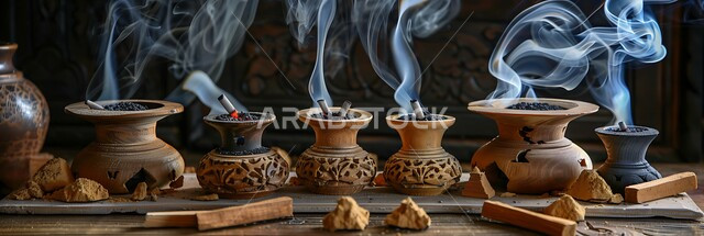 Luxurious oud wood and charcoal, panoramic image of a group of ...