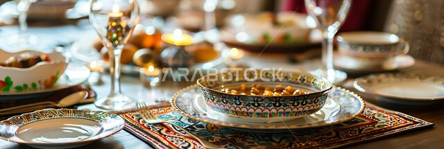 The concept of Arabic hospitality, a table decorated with illuminated ...