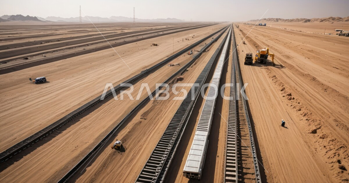 Long stretch of railway tracks under construction in desert areas ...