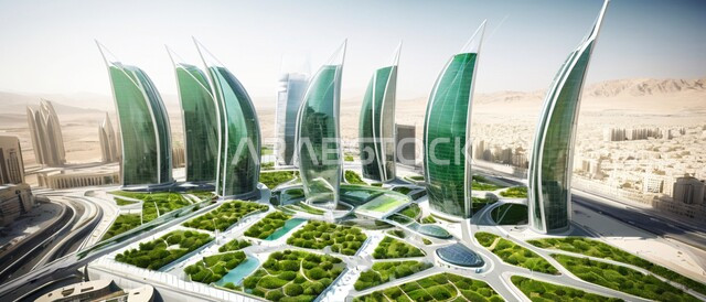Future imaginary view of urban progress and growth, high-rise buildings ...