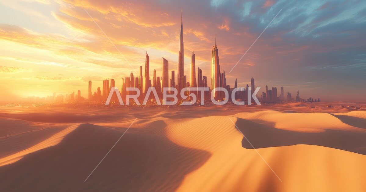 High-rise commercial towers in desert areas, Saudi Vision 2030, sand ...