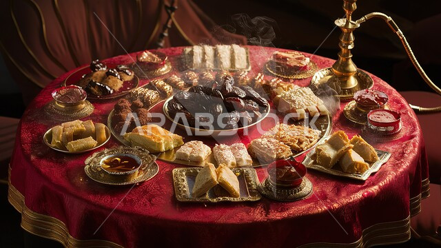 Saudi Eid desserts with pistachios and nuts, various dishes and types ...