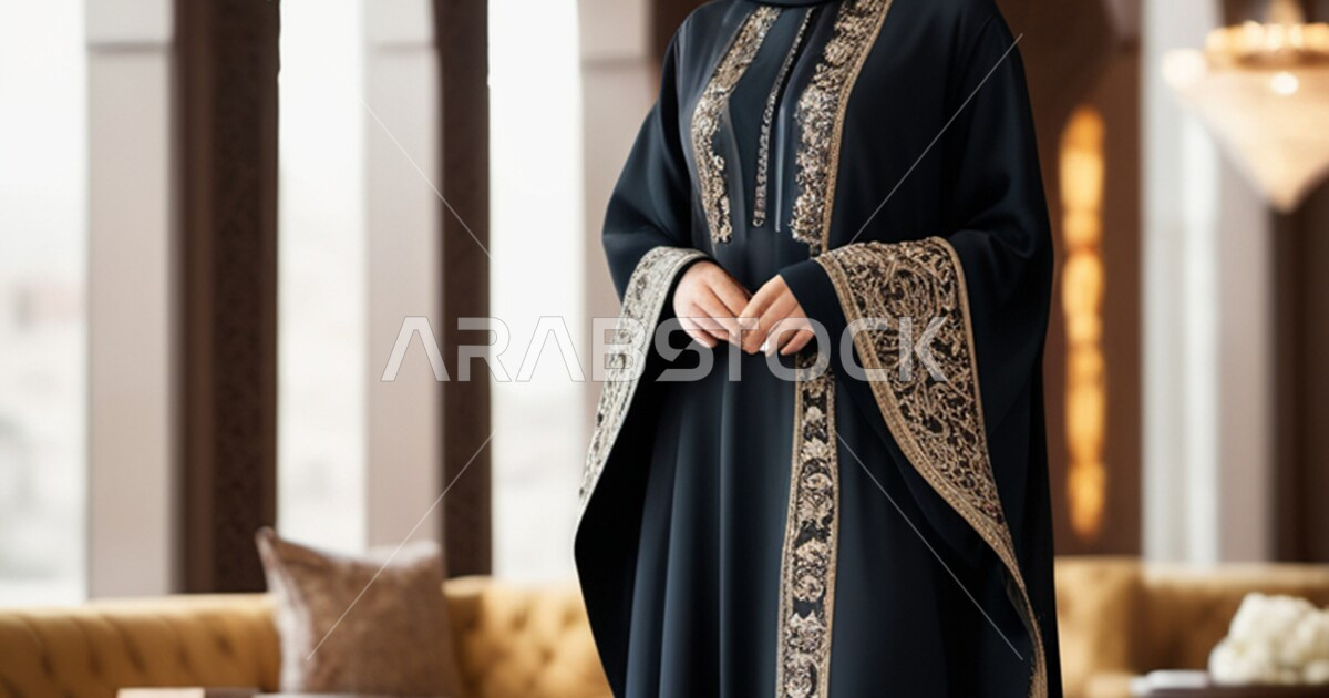 A Saudi Arab woman wearing the abaya and hijab looks at the camera with ...