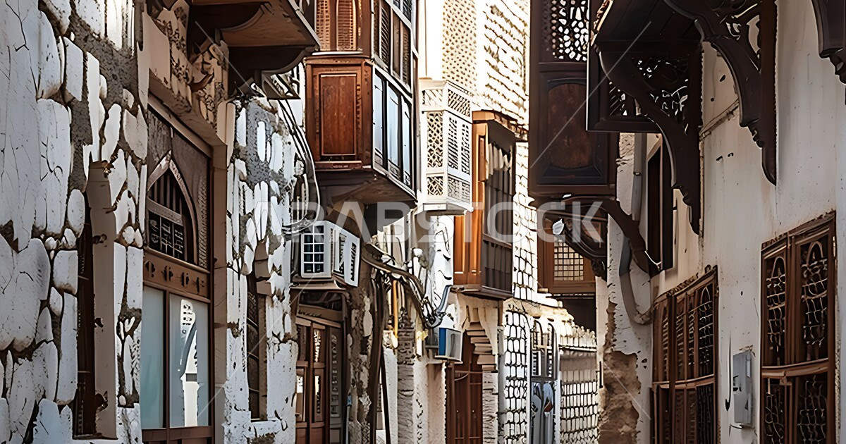 الشرفات والنوافذ الخشبية والتصميمات المعقدة للبناء المعماري العربي ...