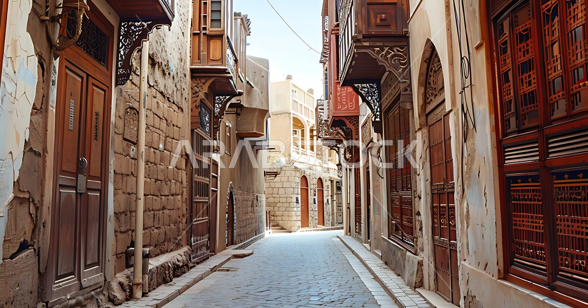 Historic stone buildings in the historic city, wooden balconies and ...
