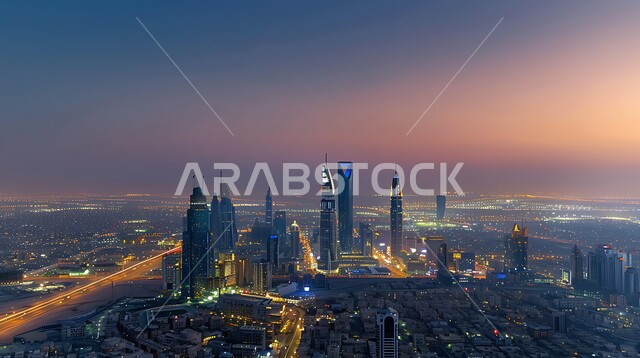 A panoramic view of Riyadh's futuristic skyline at dusk, with the ...