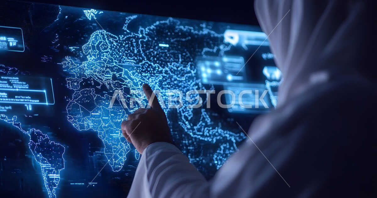 خلفية هولوجرامية ثلاثية الأبعاد لخريطة الدول العربية، ارتفاع وانخفاض ...