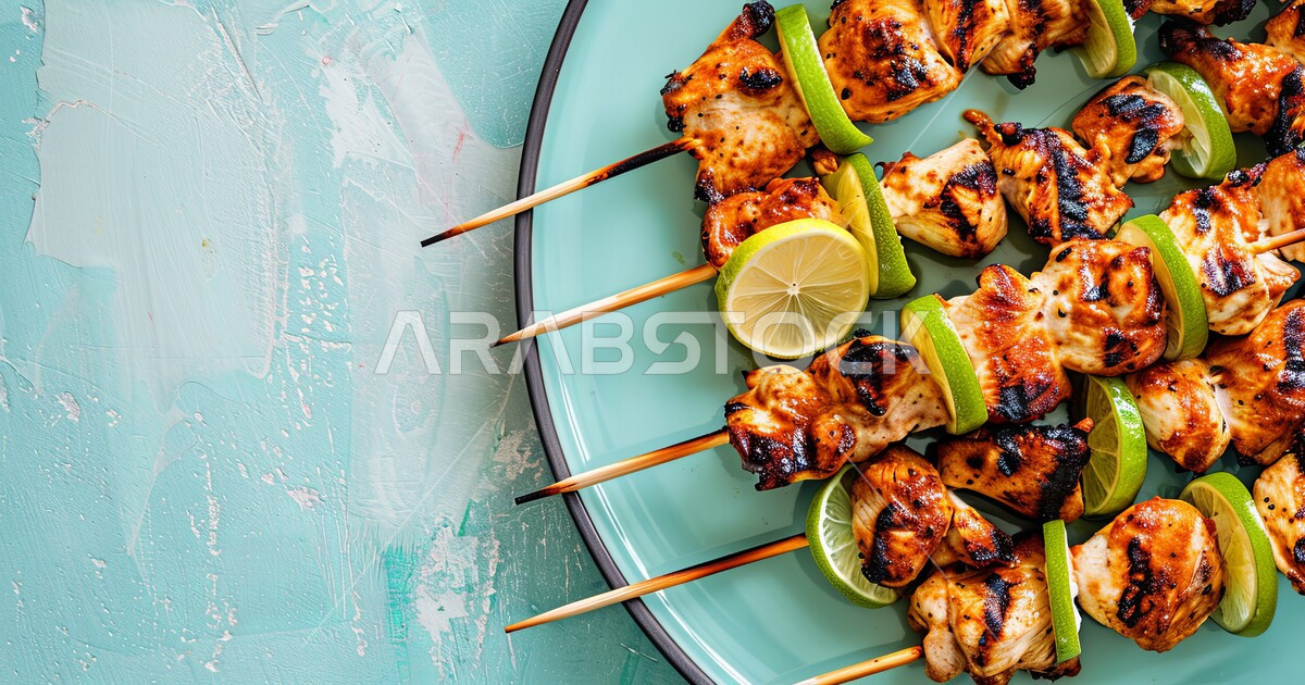 Oriental Arabic food and dishes, grilled chicken skewers decorated with ...