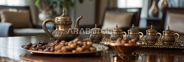 Preparing traditional Saudi coffee on the meeting room table with a ...