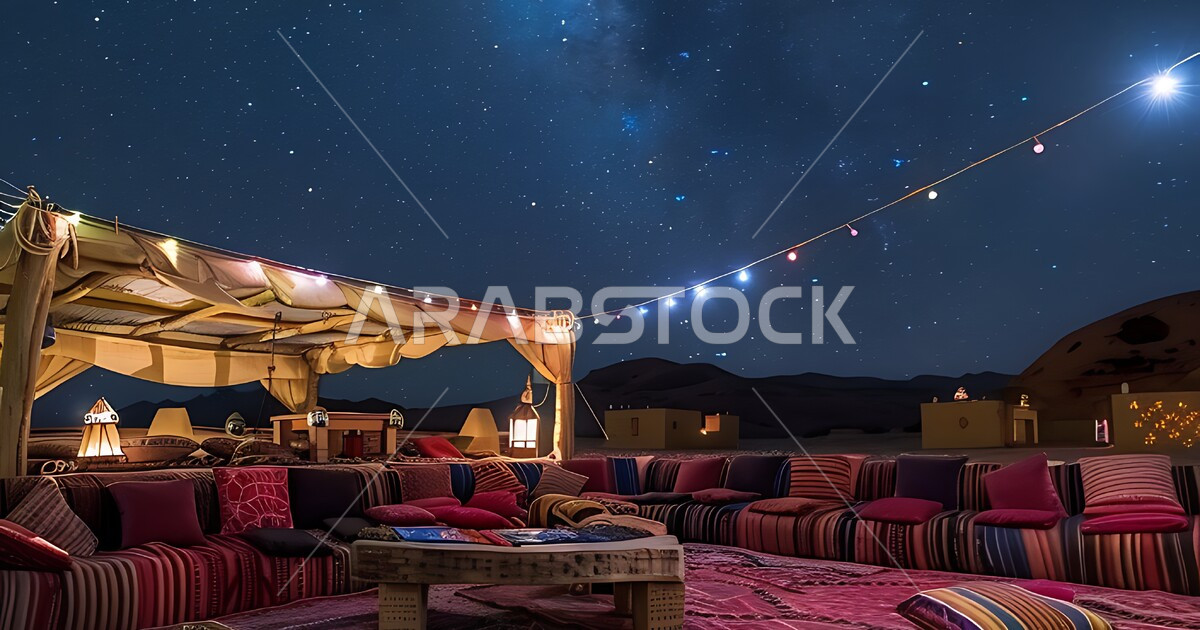 A traditional desert camp with a Majlis seating arrangement, colorful ...
