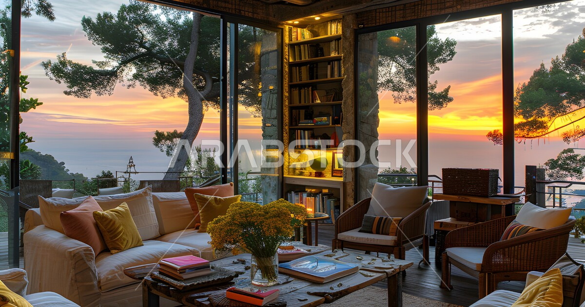 غرفة معيشة مع أثاث منزلي فاخر بالألوان الراقية، الديكورات الداخلية ...