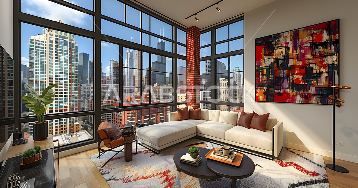 غرفة معيشة مع أثاث منزلي فاخر بالألوان الراقية، الديكورات الداخلية ...