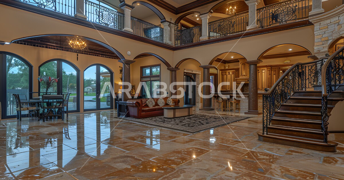 التصميم الحديث لسلم من الرخام داخل فندق فاخر، الديكورات الداخلية باللون ...