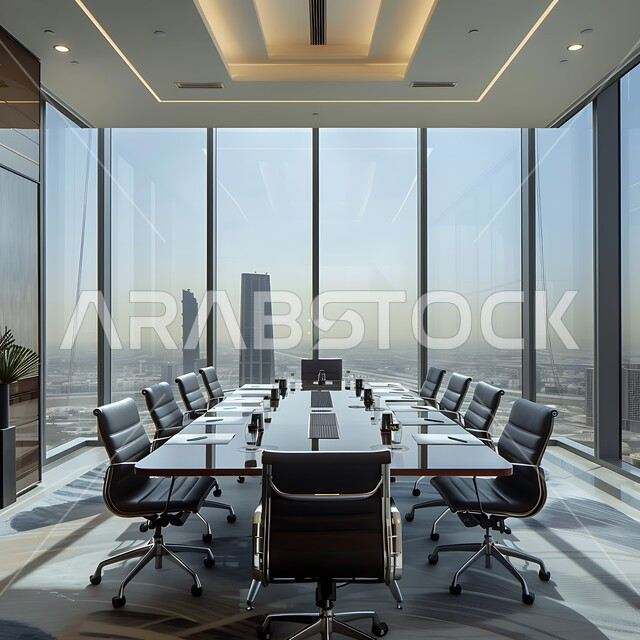 A spacious meeting room with a table surrounded by chairs, the modern ...