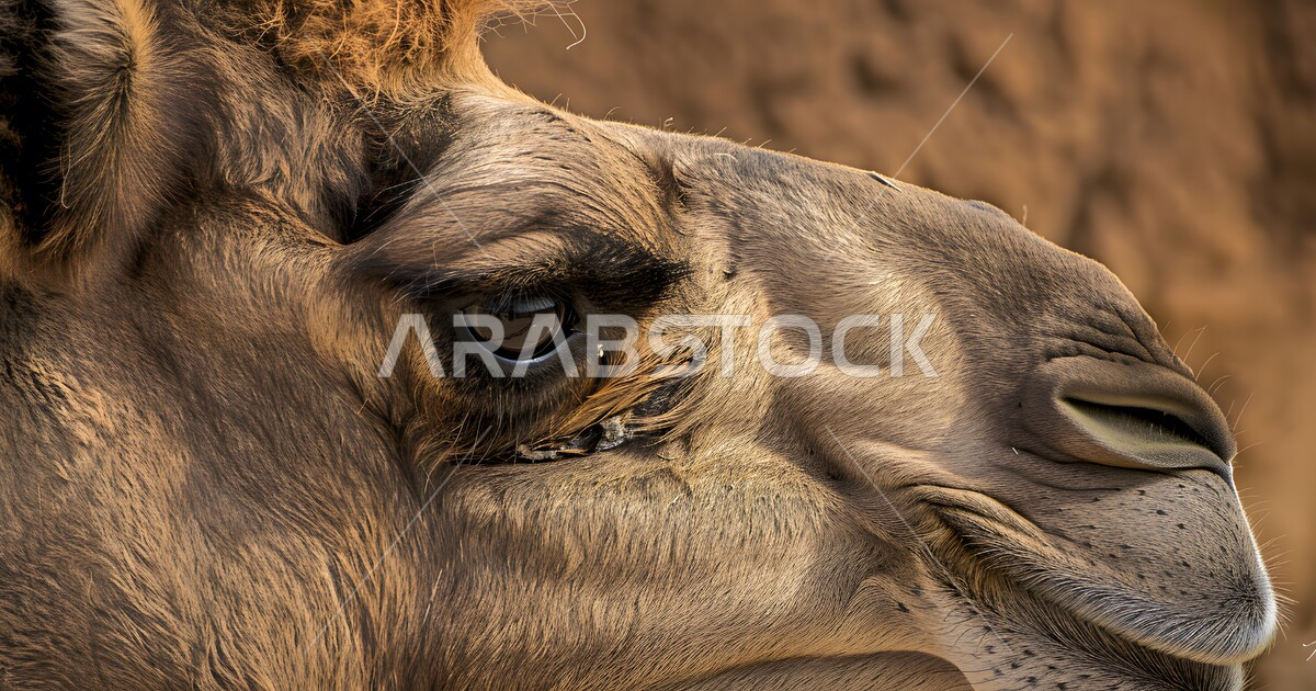 Close-up of a purebred Arabian camel, camel care in desert areas ...