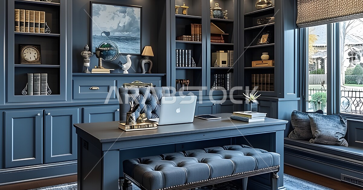 غرفة مكتبية بتصاميم عصرية باللون الأسود، ديكورات على الطراز الحديث في ...