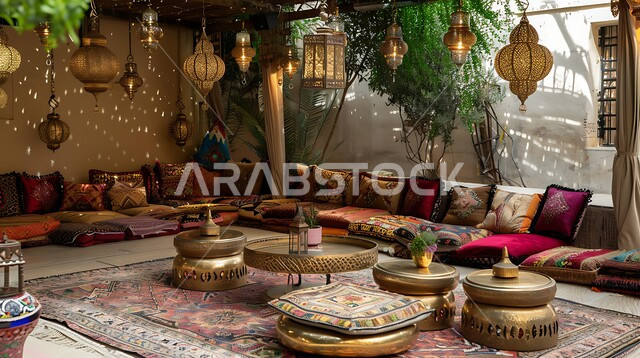Traditional Arabic Diwan with comfortable cushions and low tables, Old ...