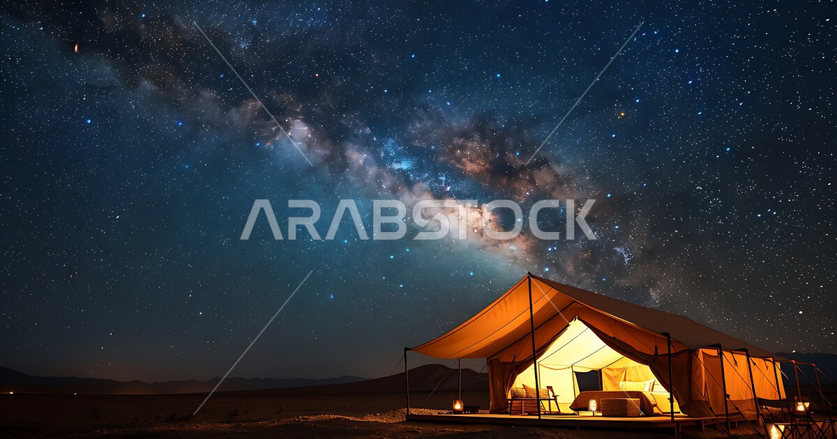 Soft golden terrain and sand at night, camping in the deserts of Saudi ...
