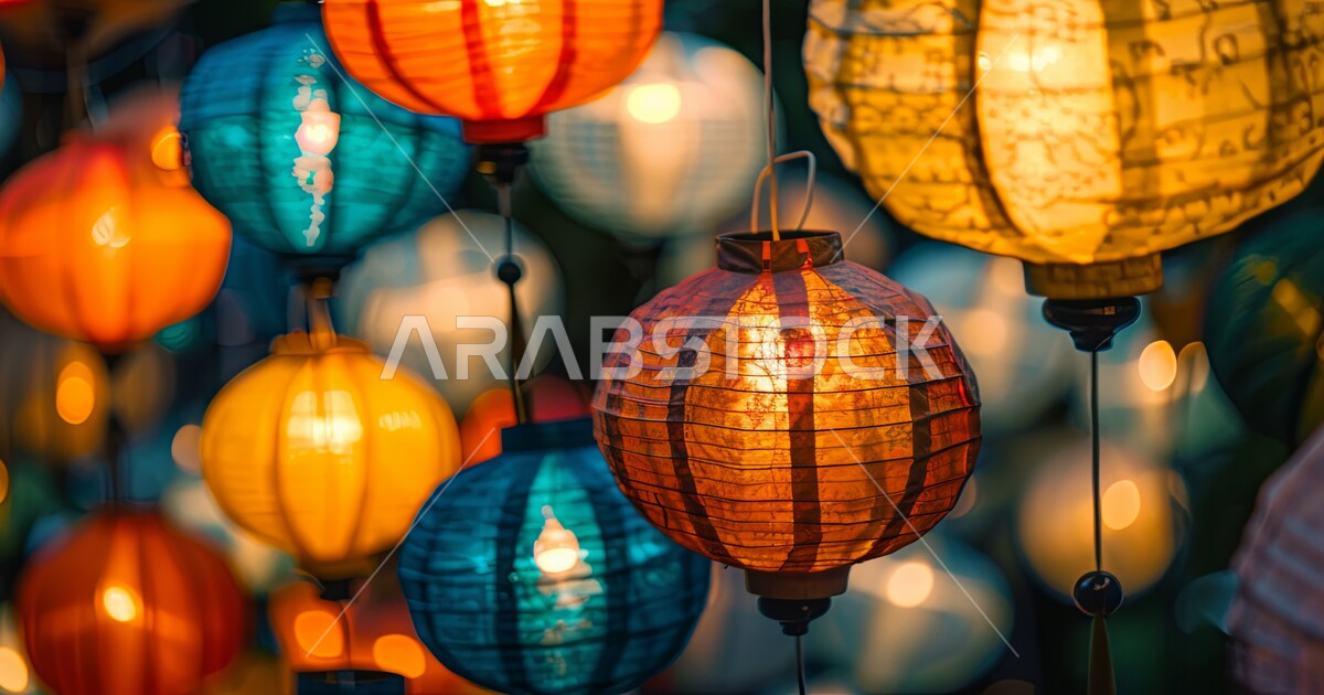 Colorful paper lanterns lit and hanging, Ramadan decorations and ...