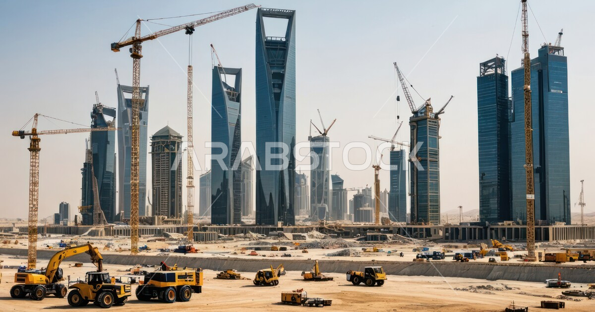 موقع بناء ناطحات سحاب حديثة في مشهد صحراوي، مفهوم التوسع الحضري، مفهوم ...
