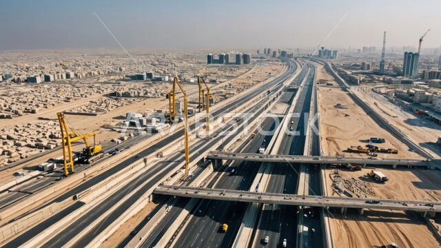 Building a highway with cranes in Dubai, modern means of transportation ...