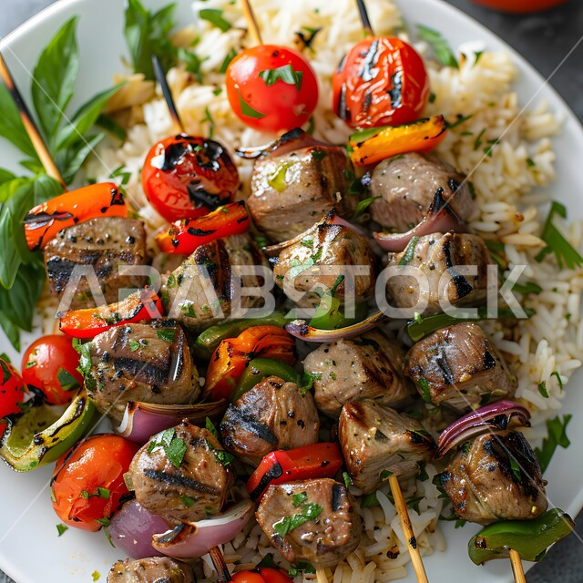 Oriental Arabic food and items, grilled chicken skewers decorated with ...