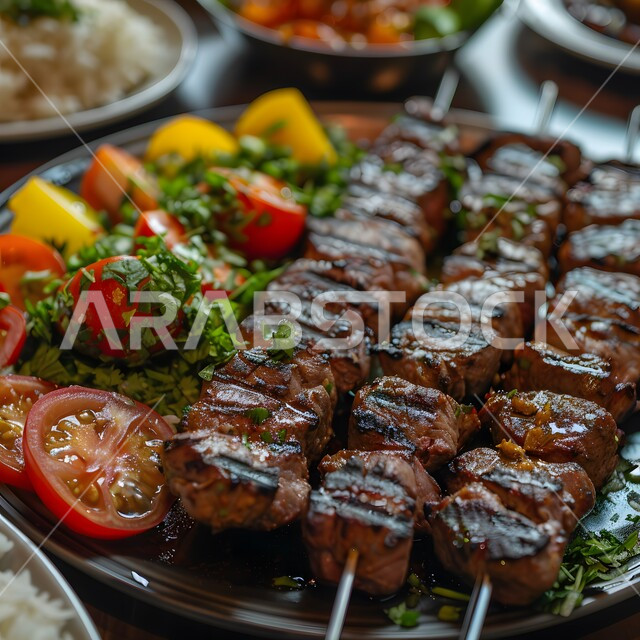 The art of serving delicious oriental foods, a table full of grilled ...