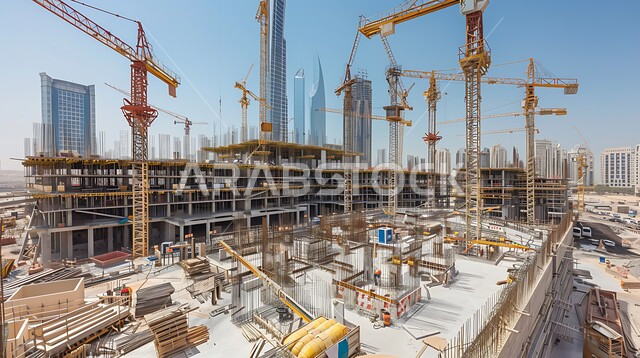 Construction works, concrete pouring and foundation laying ...