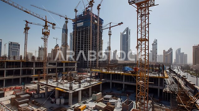 Construction works, concrete pouring and foundation laying ...