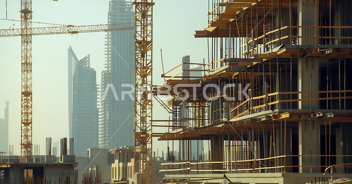 Construction works, concrete pouring and foundation laying ...