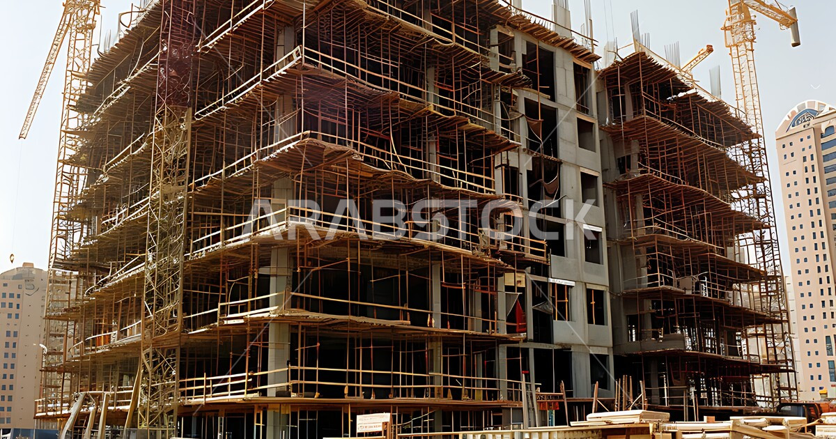 Construction site crowded with heavy machinery, equipment, cranes and ...